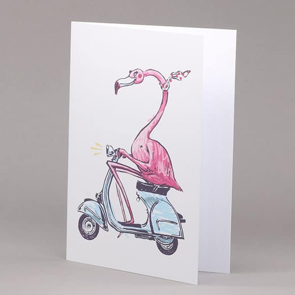 Flamingo on Scooter card - Fosse Beads and Friends